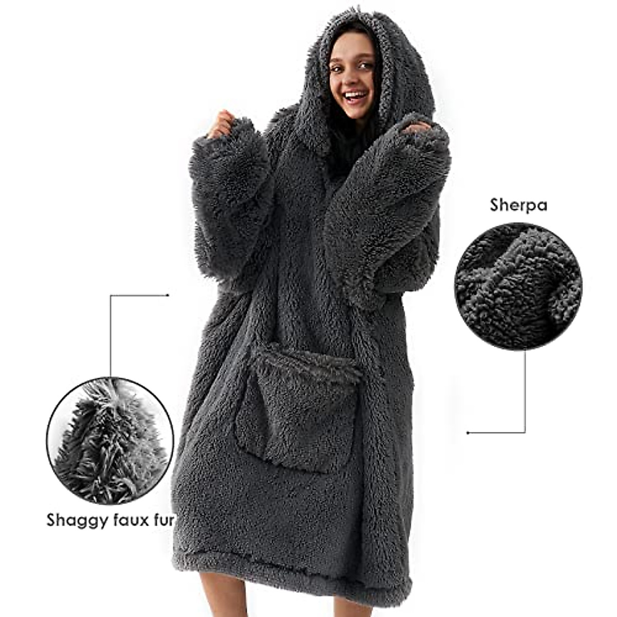 EHEYCIGA Wearable Blanket Hoodie, Shaggy Faux Fur with Big Handy Pockets and Sleeves for Adult as A Gift, Ultra Soft Plush Fuzzy Wearble Blanket for Adult (Grey,Regular Oversize)
