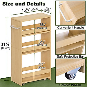 MARTY Rolling Storage Cart 7.9" W, 4-Tier Kitchen Cart with Wheels Handle, Slim Storage Cart Mobile Shelving Utility Carts for Bathroom Laundry Room Organization Narrow Places (Maple)