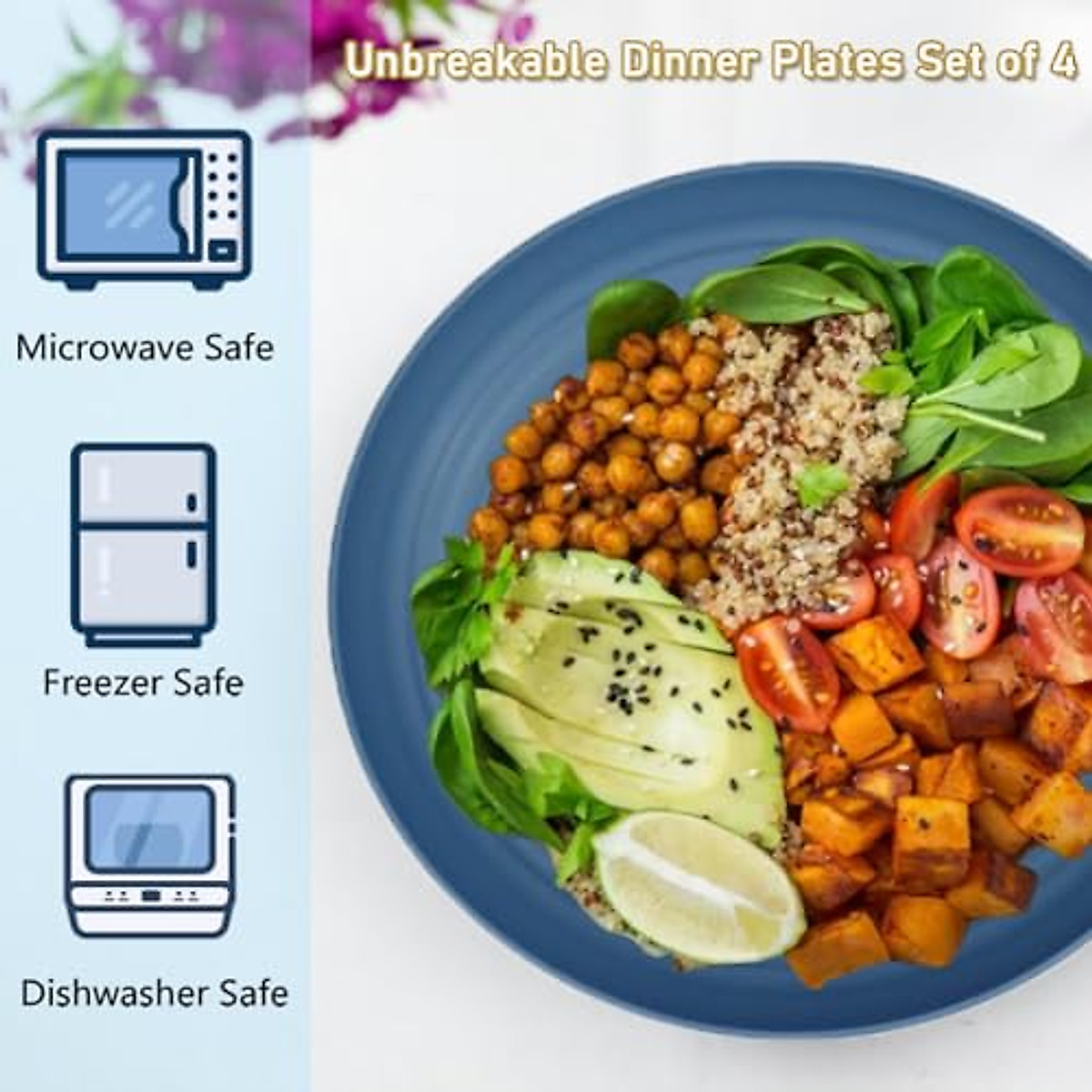 PUPOPIK 9 Inches Unbreakable Wheat Straw Plates - Reusable Plate 4 Set - Dishwasher & Microwave Safe - Dinner Dishes- Healthy BPA Free, Salad Platest - Camping Picnic Plastic Plate for Kids