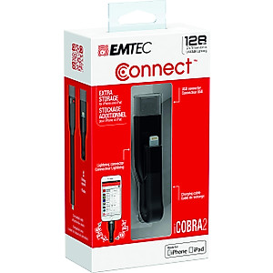 Emtec iCobra iPhone Flash Drive 128GB 3 in 1 Black, Dual Connector USB 3.0 and Lightning with Charging, External Memory Expansion, for iPhone, iPad, iPod (ECMMD128GT503V2B)