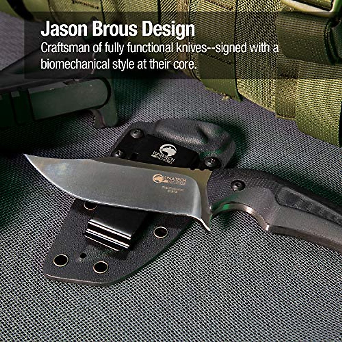 Luna Tech, LTK9704, 8.5In. Brous Tactical Knife, D2 Steel Fixed Blade, Grain Oriented 3D Machined G10 Handle, includes Lightweight Kydex Sheath with Clips