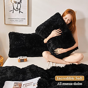 XeGe Faux Fur Throw Pillow Cases Plush Shaggy Ultra Soft Pillow Cover Fluffy Crystal Velvet Decorative Pillowcases Zipper Closure,Set of 2 (Standard, Black)