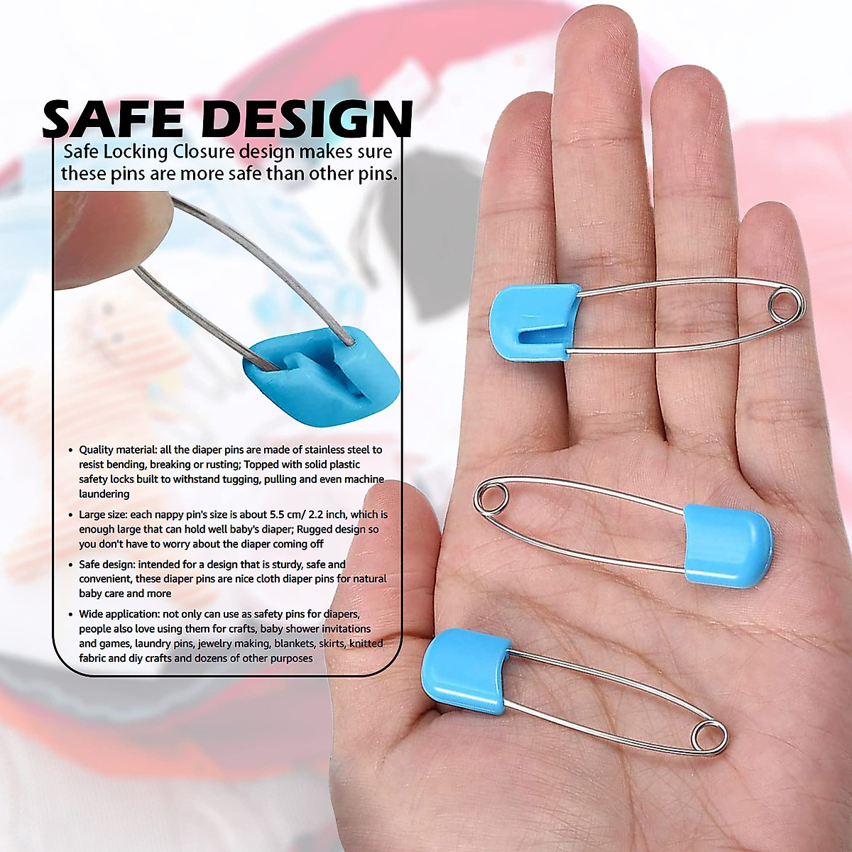 Lxnoap 10 pcs Cloth Diaper Pins Stainless Steel Traditional Safety Pin (Blue)