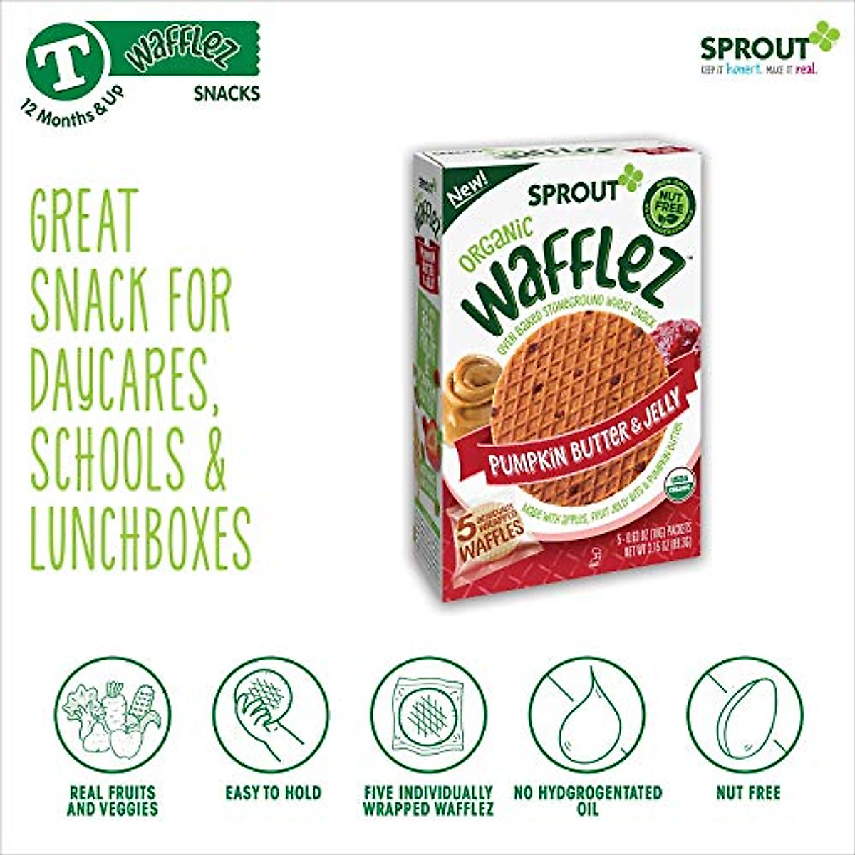 Sprout Organic Baby Food, Stage 4 Toddler Snacks, Pumpkin Butter & Jelly Wafflez, Single Serve Waffles, 0.63 Ounce (Pack of 5)