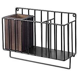 MyGift Wall Mounted Hair Styling Tools Holster Rack - Industrial Matte Black Metal Wire Hair Dryer Holder, 3 Compartments and Hand Towel Bar
