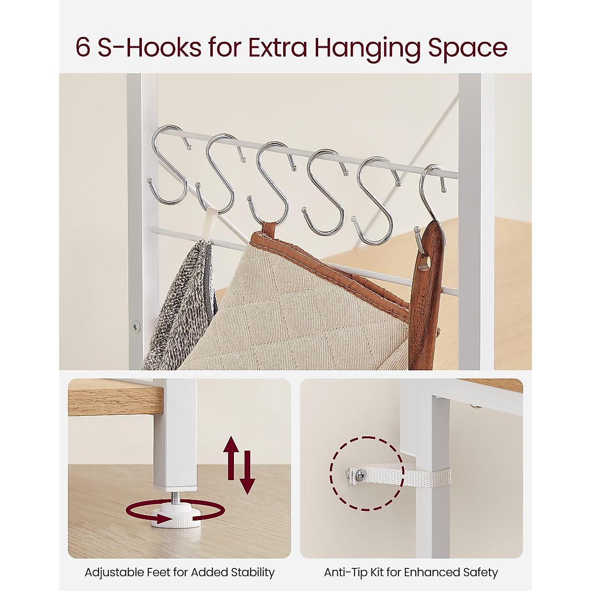 VASAGLE Baker's Rack, Microwave Stand, Kitchen Storage Rack with Wire Basket, 6 Hooks, and Shelves, for Spices, Pots, and Pans, Golden Oak and Cloud White UKKS035W09