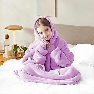 Touchat Wearable Blanket Hoodie, Oversized Sherpa Blanket Sweatshirt with Hood Pocket and Sleeves, Super Soft Warm Plush Hooded Blanket for Kids, One Size Fits All (Purple)