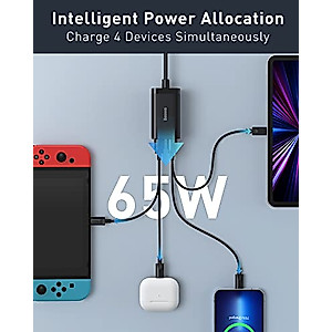 USB C Charger, Baseus 65W PD GaN3 Fast Wall Charger Block, 4-Ports [2USB-C + 2USB] Charging Station with 5ft AC Cable for MacBook Pro/Air, USB-C Laptop, iPhone 13/12, iPad Pro, Samsung Galaxy, etc