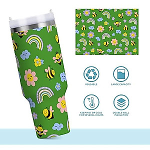 CIJEMAPW Bees Rainbow Insulated Tumblers Clouds Flowers 40 oz Water Bottles Travel Mug with Handle and Straw Lid Leakproof School Work Outdoor for Women & Men