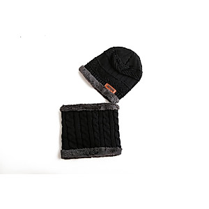 Kids Winter Warm Hat Circle Scarf 2Pcs Soft Warm Fleece Lining Beanie Slouchy Skull Cap for Boys Girls 5-14 Years Black