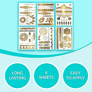 Terra Tattoos Gold Metallic Tattoo Flash Sheets Designs of Elephants, Flowers & more! Face Tattoos for Women Waterproof Nontoxic Long Lasting 75+ Designs for Vacation, Festivals Parties - Gold