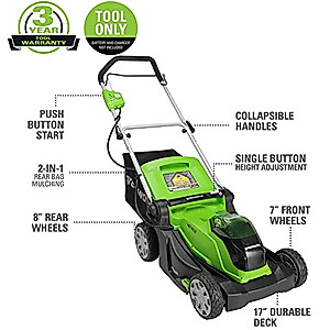 Greenworks 40V 17 inch Cordless Lawn Mower,Tool Only, MO40B01