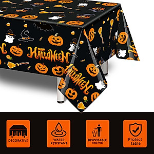 3 Pack Halloween Tablecloth Rectangle 54" x 108" Plastic Table Cloth Disposable Black Camping Table Cover Decorations Cute Pumpkin Ghost Scary Spooky Indoor Outdoor Waterproof Birthday Party Supplies