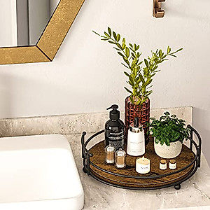 Honiter Wooden Serving Tray, Decorative Tray for for Coffee Table Centerpieces, Coffee Table Tray, Wood and Metal Serving Tray with Handles, Round Tray, Farmhouse Ottoman Tray for Kitchen Countertop