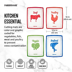 Farberware Non-Slip Flexible Cutting Mat Set, 4-piece, Orange/Green/Red/Blue