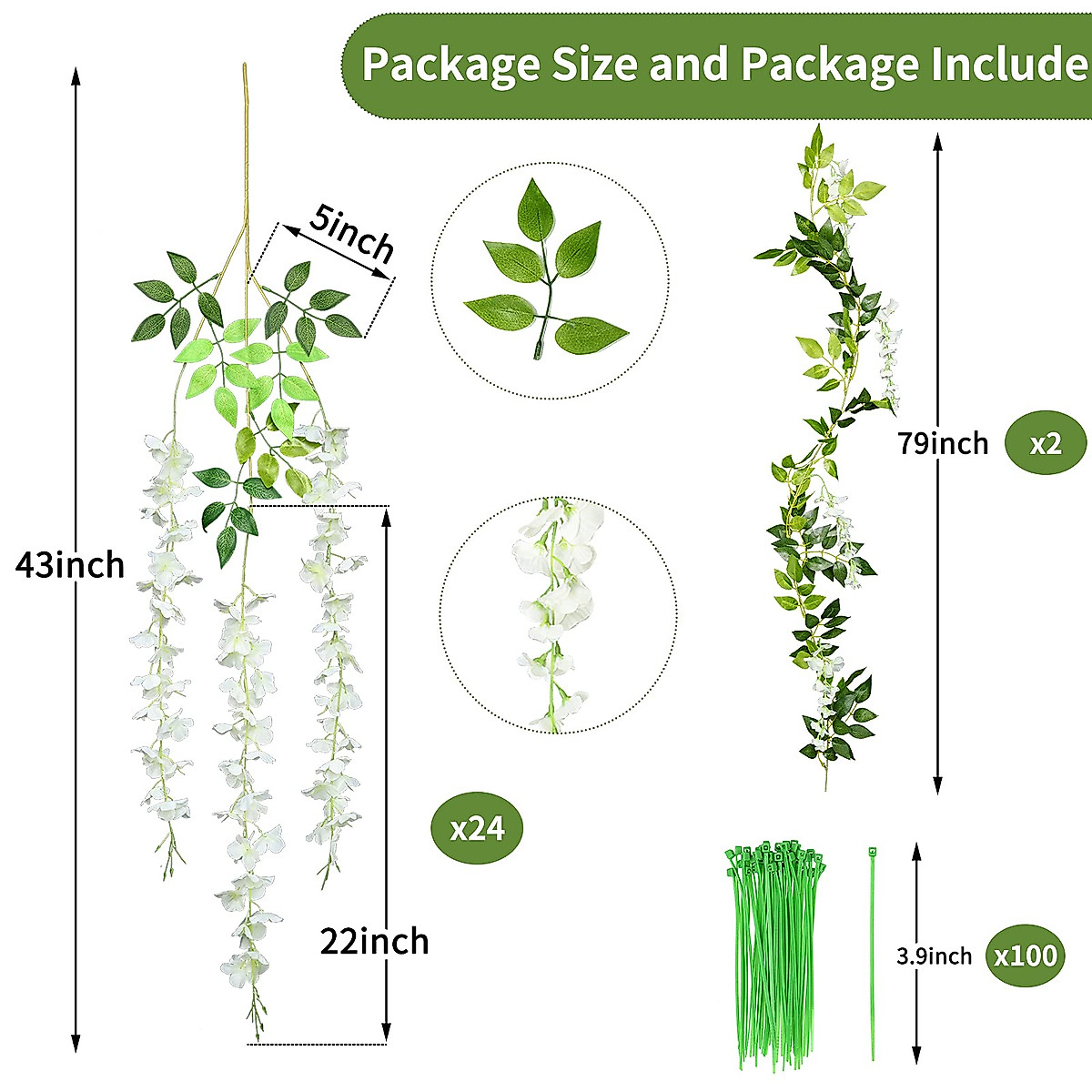 24 PCS Wisteria Artificial Flower 3.6 Feet Vine Ratta Hanging Garlands Silk Flowers String with 2 Pack Artificial Flowers Garland for Home Party Wedding Garden Outdoor Ceremony Greenery Wall White
