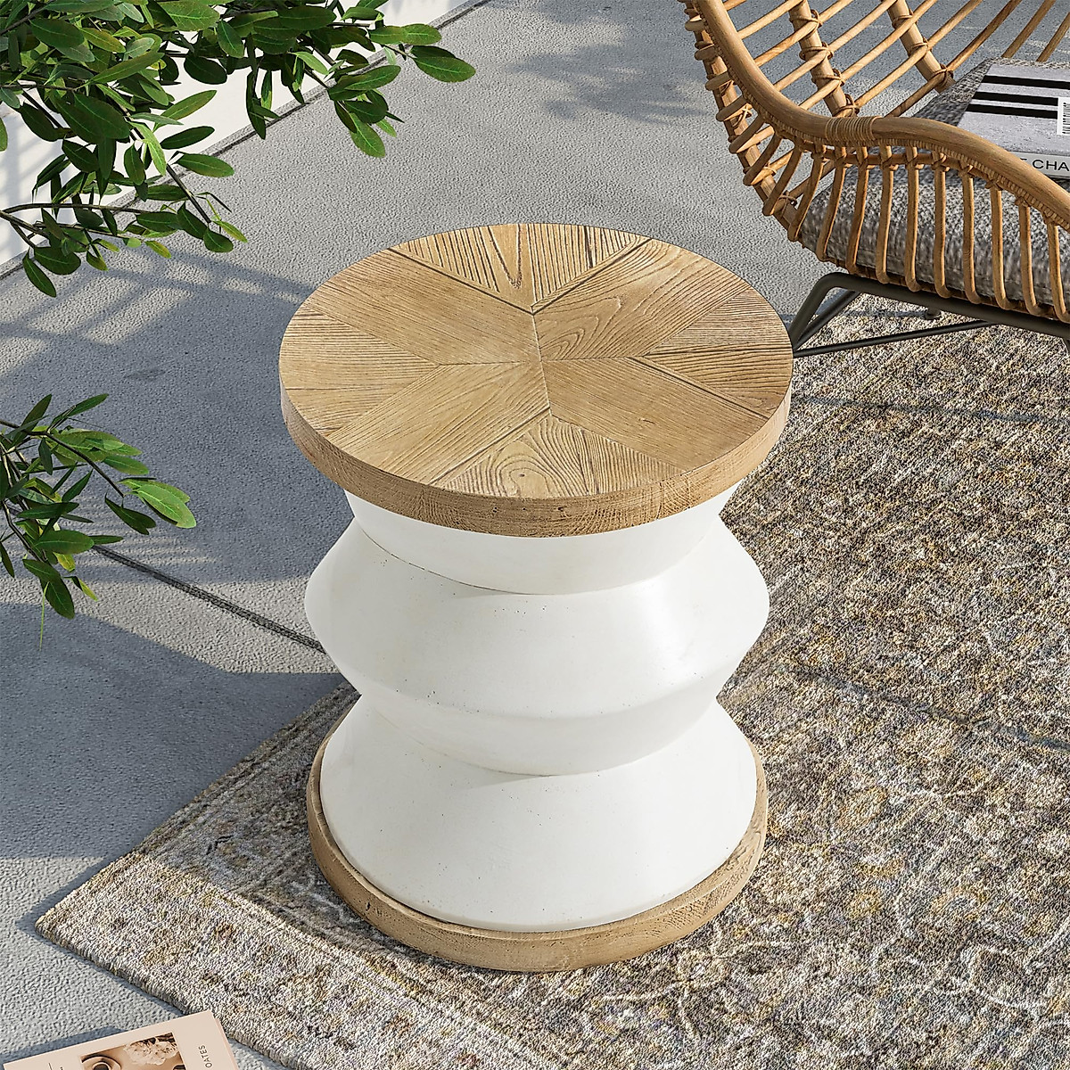 SUNBURY White Outdoor Side Table, 14" Concrete Side Table Accent Table, Round Marble Side Table Drum Table, Garden Stool Plant Stand End Table for Patio, Deck, Poolside