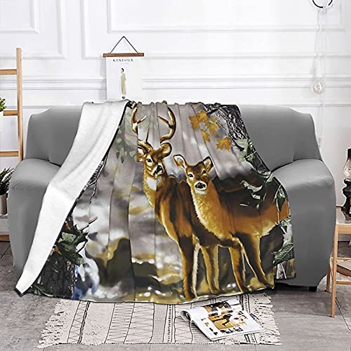 YISHOW Tree Camouflage Deer Fleece Throw Blanket, Cozy Sherpa Plush Blankets for Bed Couch Sofa - 60" x 50"