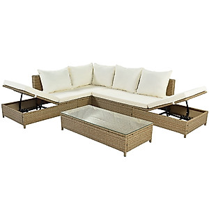 BIADNBZ 3-Piece Outdoor Rattan Sectional Sofa Furniture Set, All Weather PE Wicker Patio Couch with Adjustable Chaise Lounge Frame and Tempered Glass Table, Natural Brown+ Beige Cushion