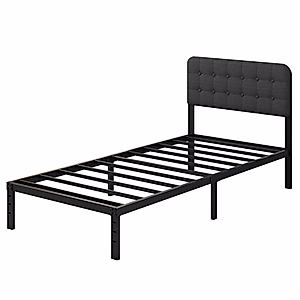 Likelalaso Twin Bed Frame with Upholstered Headboard, 12 inch Twin Metal Platform Bed Frame, Steel Slat Support, Noise Free, No Box Spring Needed, Easy Assembly, Black