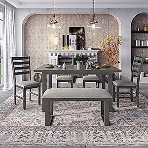 WOZNLA 6-Piece Family Dining Table Set - Rectangular Wood Table with 4 Chairs and 1 Bench, Padded Cushion Seating for 6, Modern Grey Finish, Ideal for Kitchen and Dining Room Gatherings