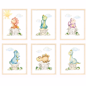 bumbleboo Dinosaur Nursery Wall Prints, Play Room Decoration For Boy, Nursery Wall Art, Nursery Room Decor, Dinosaur Room Decor For Boys, Unframed, Set of 6 Prints, 8x10