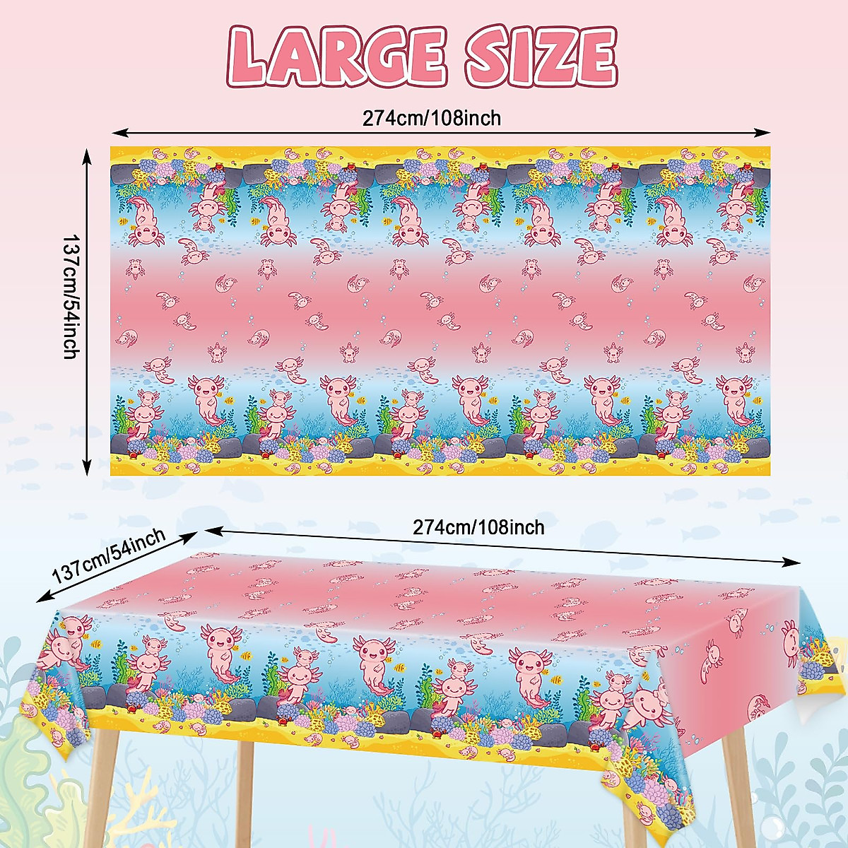 chiazllta 3Pcs Axolotl Party Birthday Decoration Pink Cartoon Axolotl Tablecloth Plastic Reptile Animal Tablecover Waterproof Rectangle Table Cover for Axolotl Baby Shower Party Supplies108 x 54in