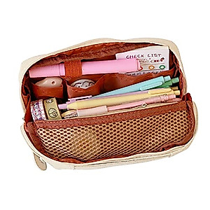 Funny live Handheld Pen Bag Pencil Case Stationery Pocket Cosmetic Makeup Bag, Deformable Standup Pen Holder Organizer with 3 Cute Little Tiger Pin Badges (Beige)
