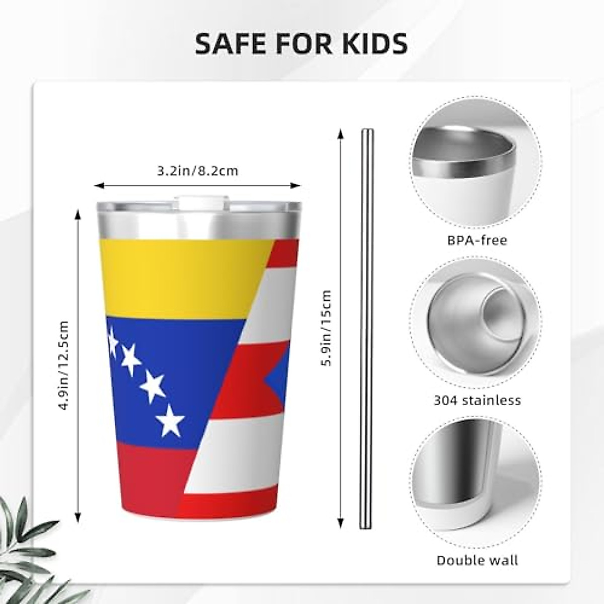 12oz Tumbler Half Venezuela Half Puerto Rico Flag Stainless Steel Cup With Straw And Lid Spill Proof Bulk Double Wall Vacuum Reusable Water Tumblers For Cold Hot Drink