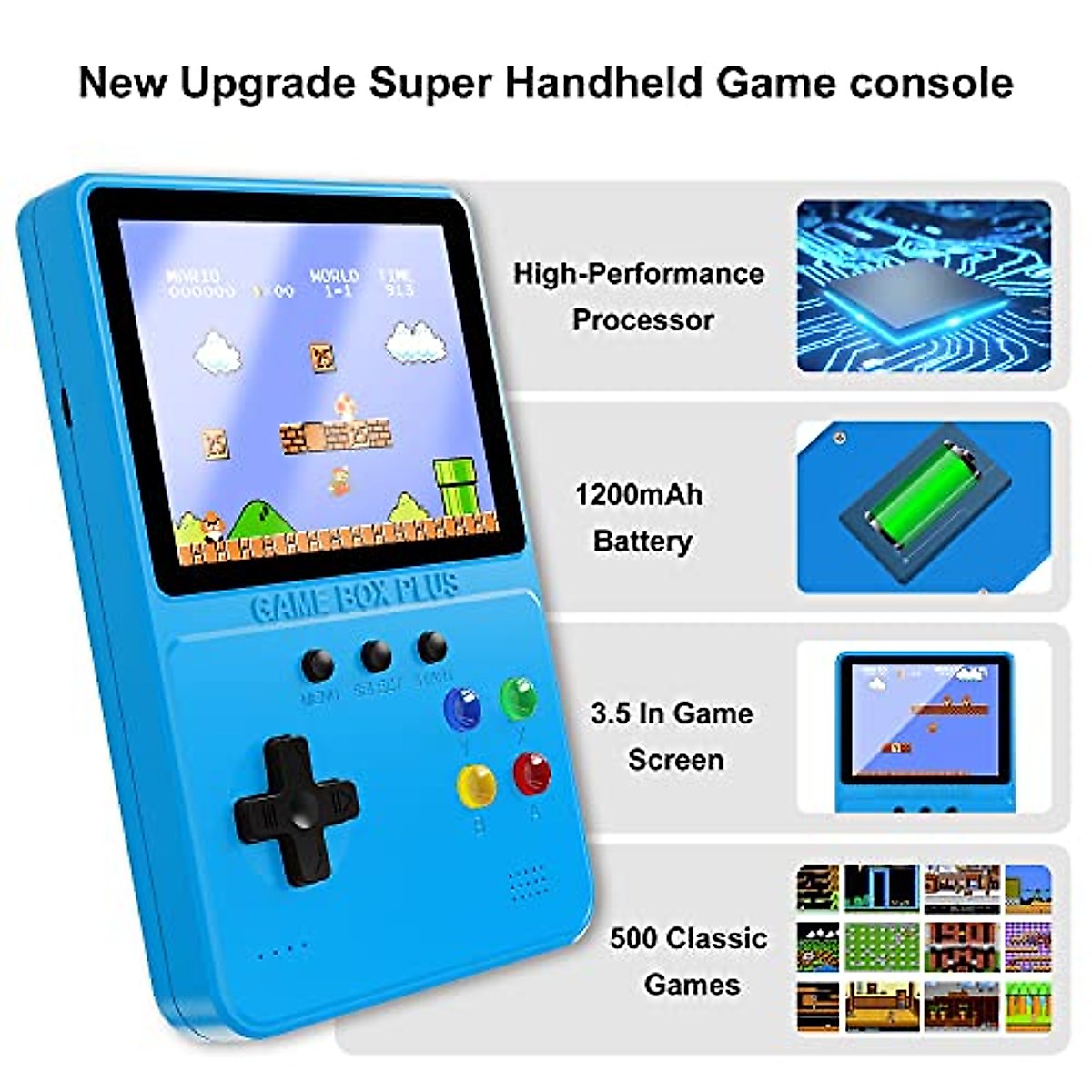 Heiko Retro Portable Handheld Game Console to Experience 500 Classic Games Anytime Anywhere, 3.5In Screen Video Game Console 1200mAh, Handheld Video Game Support for Connecting TV & Two Players(Blue)
