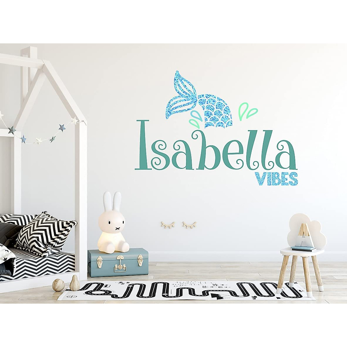 Mermaid Custom Name Wall Decal - Girls Personalized Name Mermaid Tail Wall Sticker - Sparkle Mermaid Wall Decor - Girls Personalize Name Wall Art Sticker - Wall Decal for Nursery Playroom Bedroom Decoration (Wide 15"x11" Height)