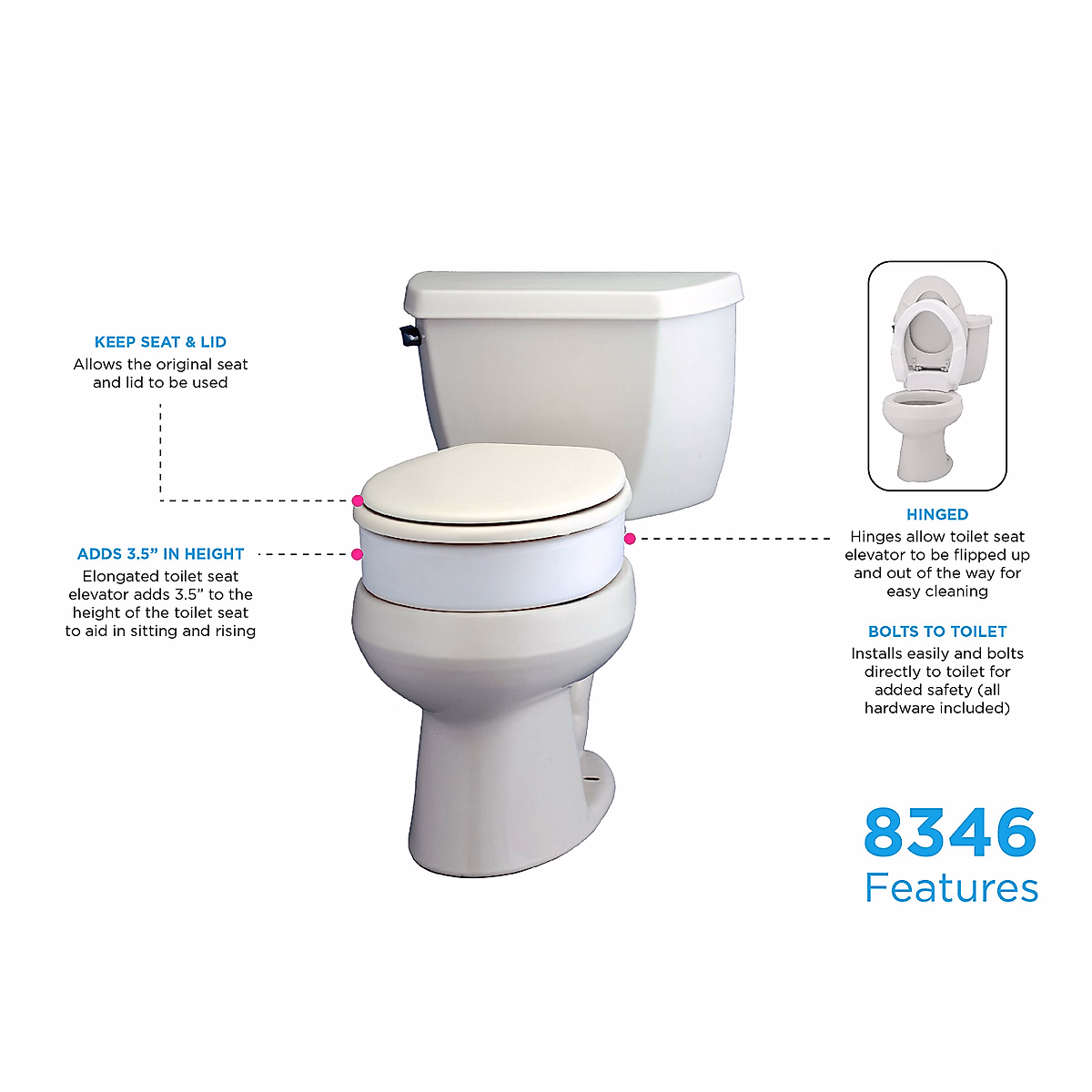 NOVA Medical Products Hinged Toilet Seat Riser Lift Up and Down Raised Toilet Seat For Under Seat For Elongated Seat Color, White, (Pack of ), 1 Count