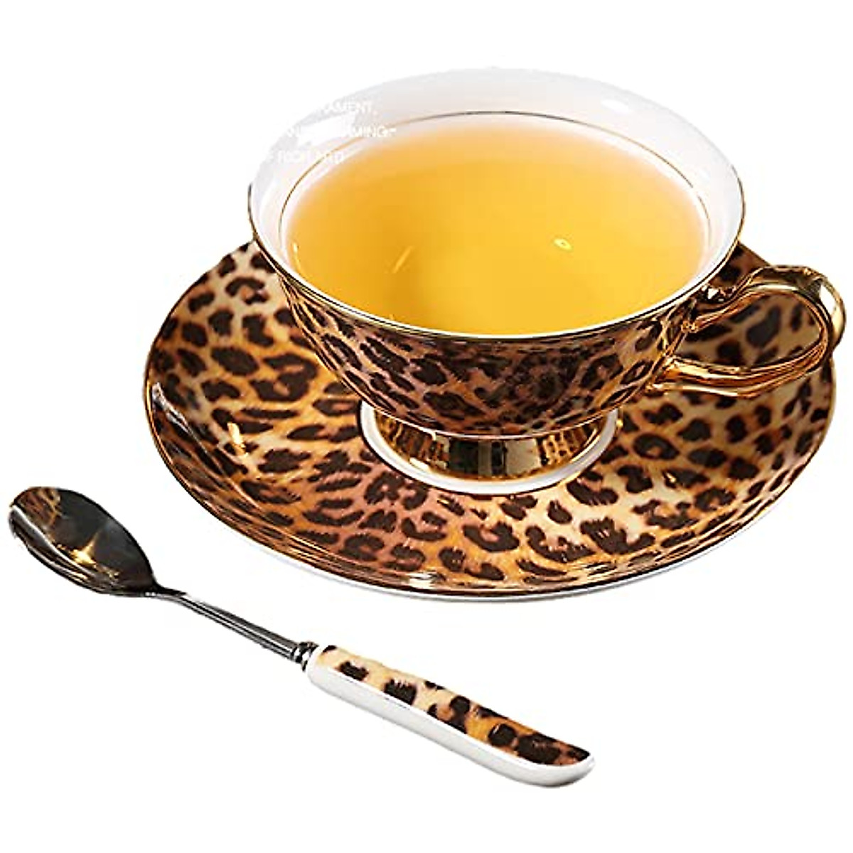 amokk Coffee Cup and Saucer Sets - 6.7 Oz Bone China Tea Cup with Saucer and Spoon - Fancy Coffee Mugs for Office, Coffee Table, Afternoon Tea (Leopard)