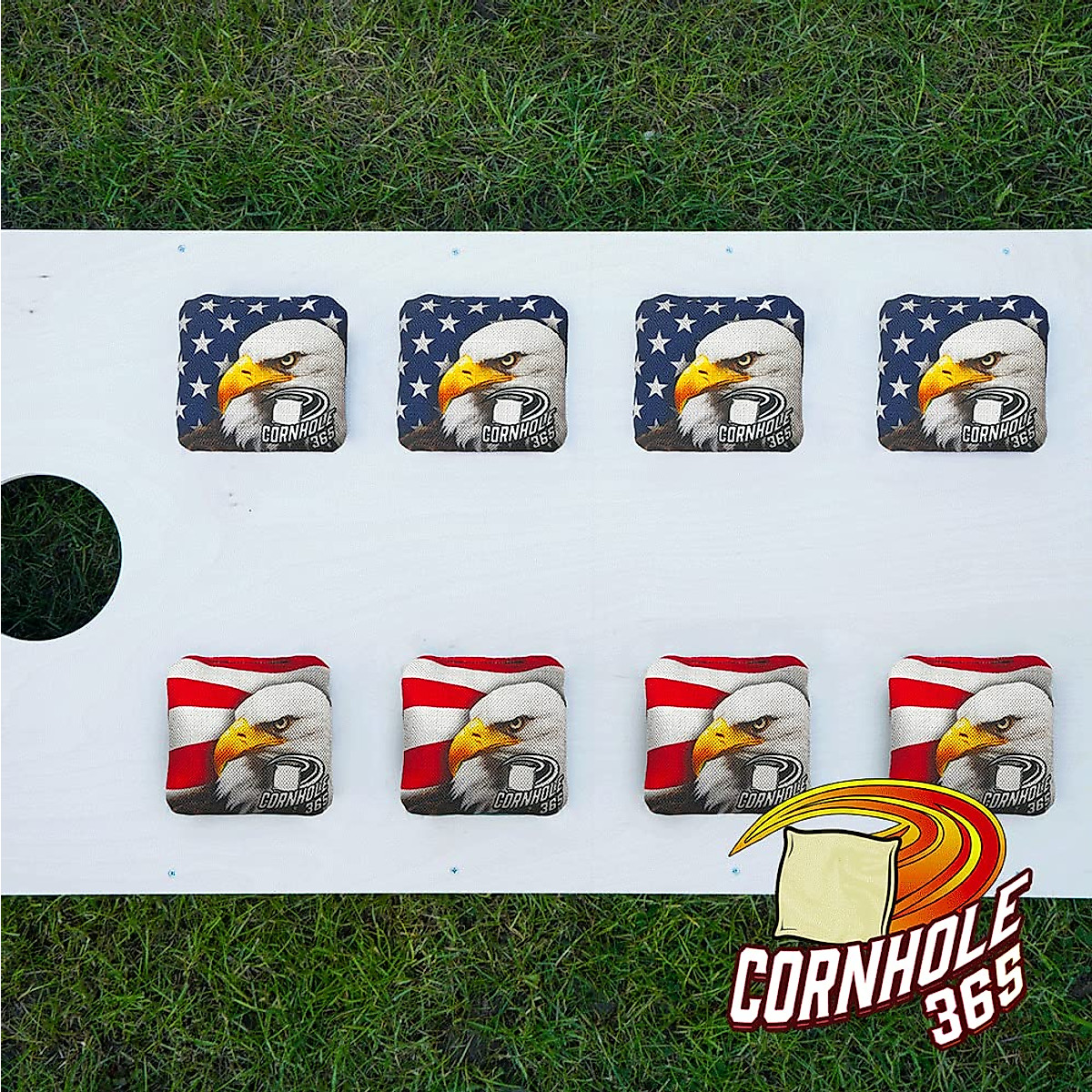 Cornhole365 Themed Cornhole Bags - All-Weather, Heavy-Duty Fabric, Resin Filling, Double-Stitched Duck Cloth - Professional Corn Hole Bean Bags for Indoor & Outdoor Use - American Eagle - Set of 8