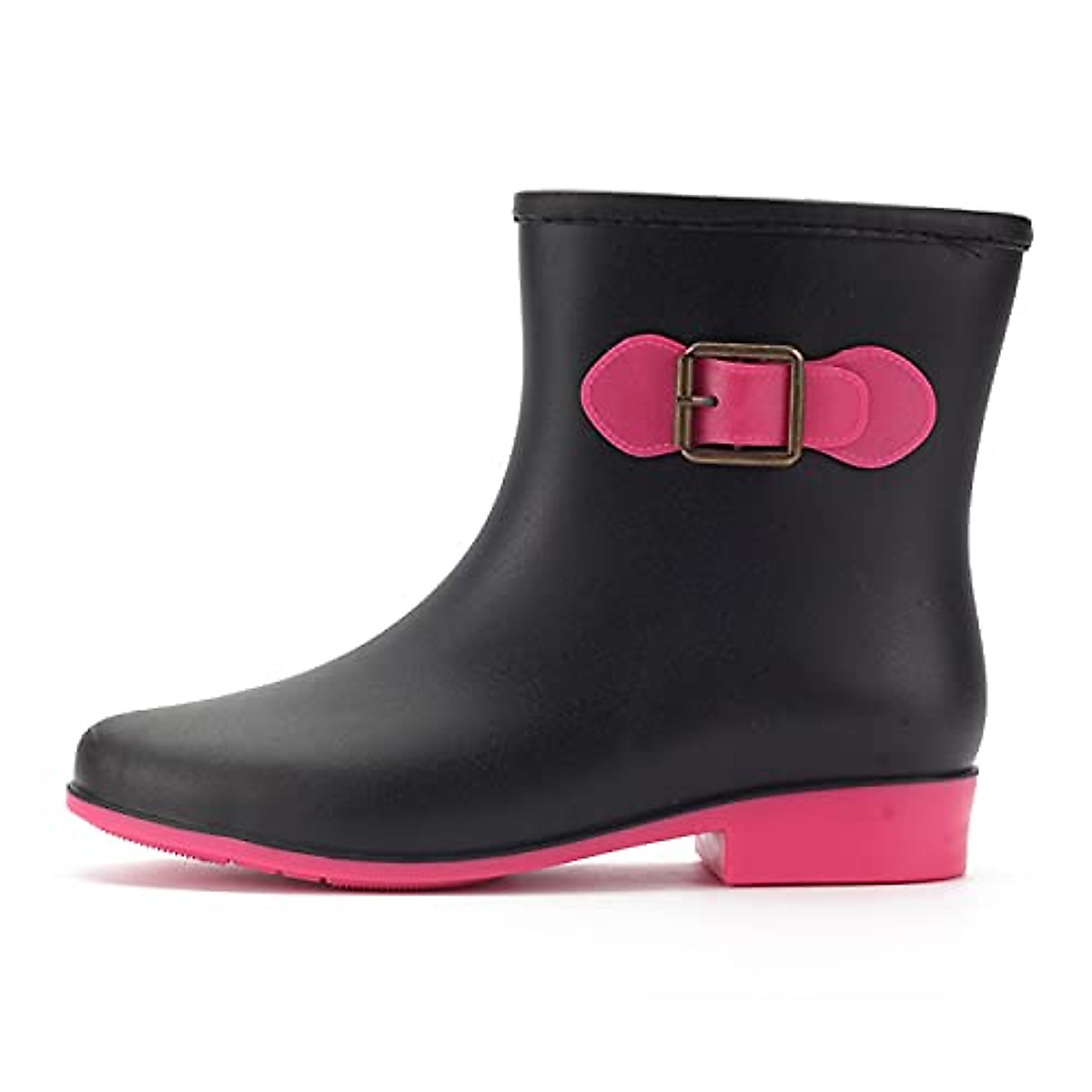 Toe Boots Women Low-Heeled Middle Shoe Rain Buckle Waterproof Round Women's Rain Shoes Craftsmen Work Boots Mens (Hot Pink, 9)