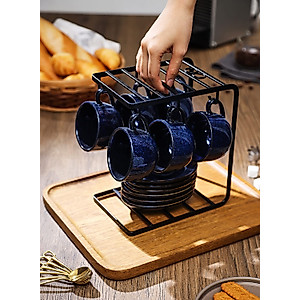 vicrays Ceramic Espresso Coffee Cups Set 4 oz Porcelain Espresso Cups with Saucers Spoons and Metal Stand for Tea Cafe Cappuccino Latte - Set of 6 - Blue