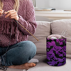 Sellikakes Halloween Purple Bat Small Yarn Storage Bag, Mini Knitting Bag Yarns Drum Case for Carry Yarn Ball, Crochet Kits, Knitting Supplies and Sewing Accessories,
