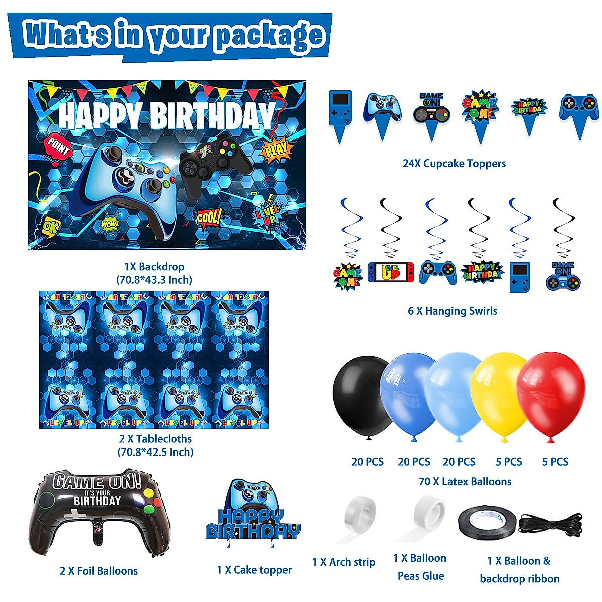 KimaruLZ Video Game Birthday Party Decorations - 109Pcs Gamer Gaming Party Supplies For Boys Birthday Party - Happy Birthday Backdrop, Table Cover, Hanging Swirls, Cupcake Cake Topper, Balloons