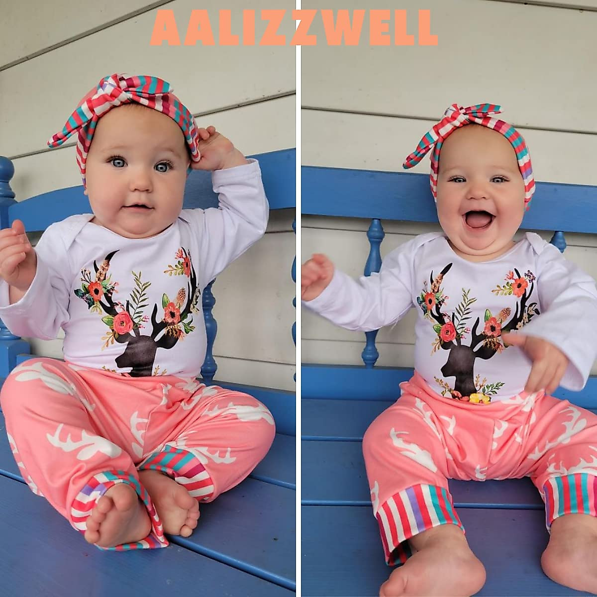 Aalizzwell Newborn Girls Long Sleeve Deer Romper Tops Pink Pants Hat Set (White, 0-3Months)