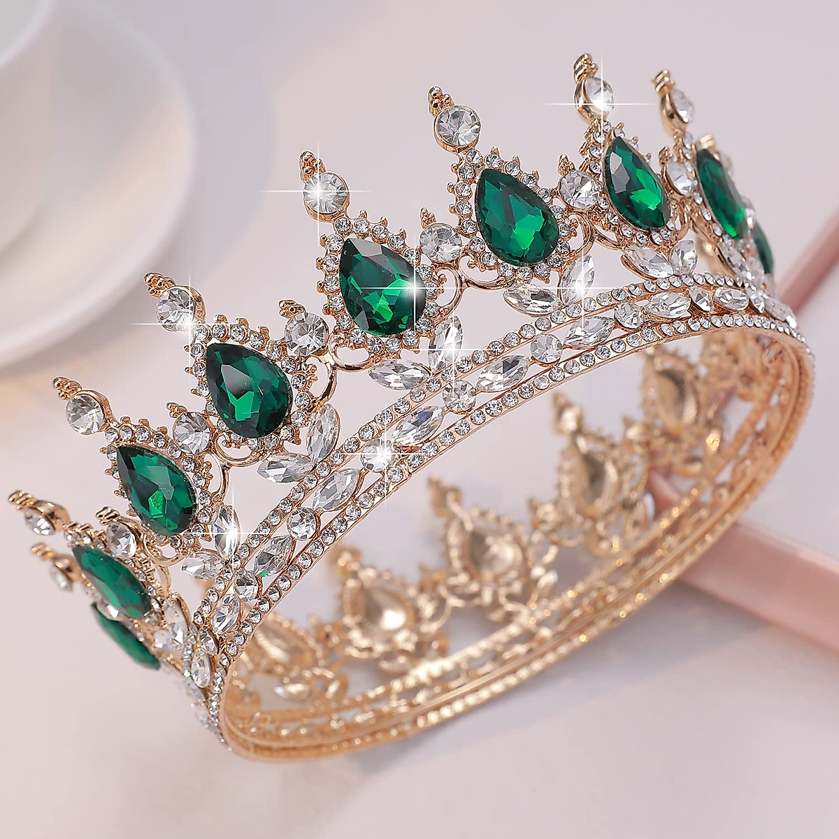 Kamirola Vintage Royal Queen Teardrop Rhinestone Diadem Tiaras Crown Pageant Prom Diadem Bride Wedding Hair Jewelry Accessories (Green-gold)