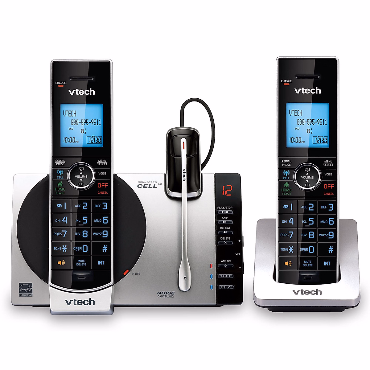 VTech Connect to Cell DS6771-3 DECT 6.0 Cordless Phone - Black, Silver, 6.9" x 4" x 6.6" & Accesssory Cordless Headset