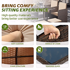 Esmlada 9 Pieces Patio Dining Sets Outdoor Conversation Sets, Space Saving Wicker Chairs with Glass Table and Ottomans, Cushioned Seating and Back Sectional Dining Sets(BR-BE)