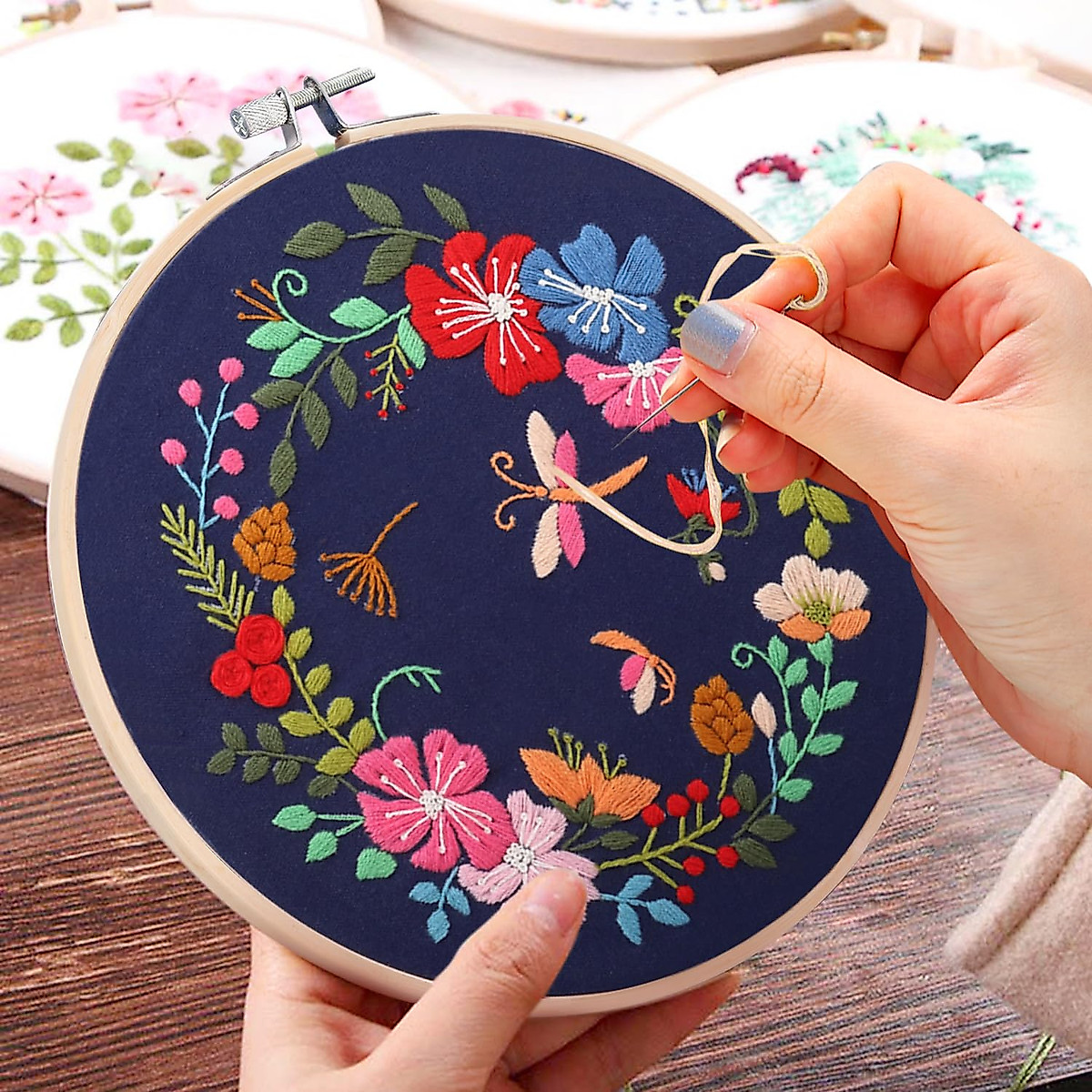 Mocoosy 3 Pack Embroidery Starter Kit for Beginners, Stamped Embroidery Kit with Pattern and Instructions, Cross Stitch Set Kids Adults Crafts Include 3 Embroidery Fabric, 3 Bamboo Hoops, Threads