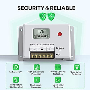 Solar Charge Controller 10A, Bateria Power 12V/24V PWM Solar Controller with LCD Display Dual USB Multiple Load Control Modes for AGM, Gel, Flooded and Lithium Battery, Used in RVs, Boats, Yachts