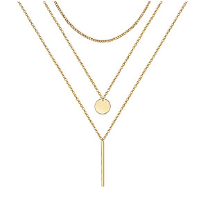 Dainty Chain Choker Necklace 14K Gold Plated 3 Layered Disc Bar Necklace for Women