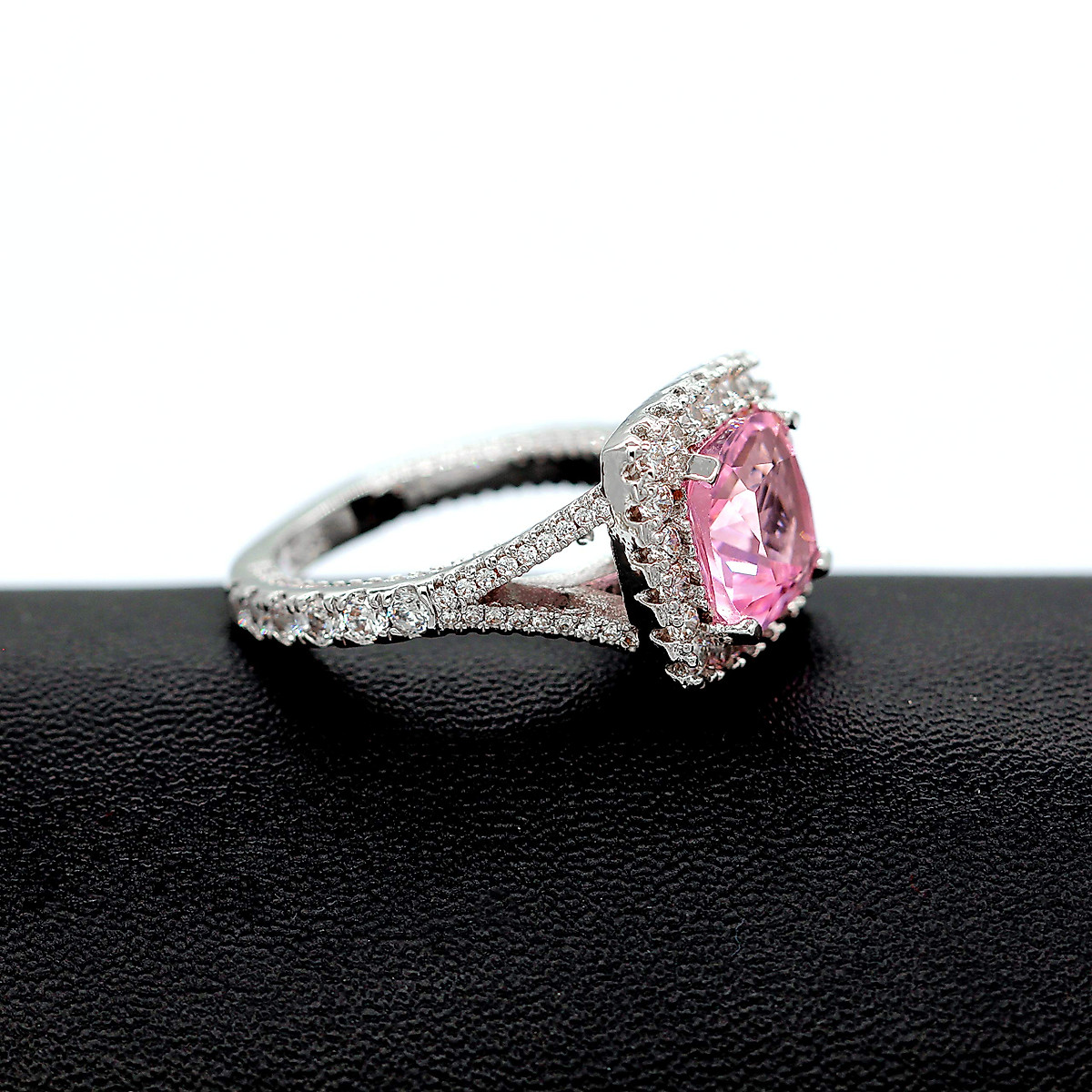 Uloveido Platinum Plated Simulated Pink Topaz Filled Halo Promise Ring for Her, Big Pink Stone Split Shank Square Rings Solitaire Y586 (Size 9)