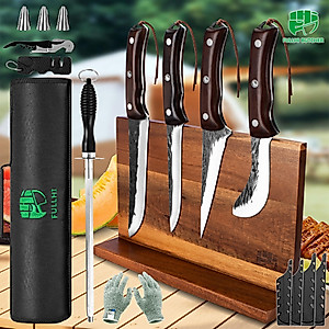 FULLHI 11pcs butcher knife Boning Knife set & Magnetic Knife Block Holder With Sheath High Carbon Steel Fish Knife Chef Knife For Kitchen, Camping, BBQ