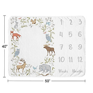 Sweet Jojo Designs Woodland Animal Toile Boy Girl Milestone Blanket Monthly Newborn First Year Growth Mat Baby Shower Memory Keepsake Gift Picture -Grey Green Brown Forest Bear Deer Fox Owl Bunny Bird