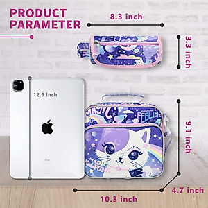 16 Inch Girls Backpack with Lunch Box and Pencil Case Cute Cat Backpack for Girls Kawaii Kids Backpack with Lunch Box for Elementary Kindergarten