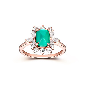 Frayerr 4 Claw Prongs Long Sugar Loaf Cut Cushion Emerald Ring - Prong Set Round & Marquise Moissanite Halo 14K Gold Engagement Ring - Vintage Emerald Wedding Anniversary Ring For Wife - Art Deco Emerald Birthstone Ring Gift For May Born Her (14K White Go